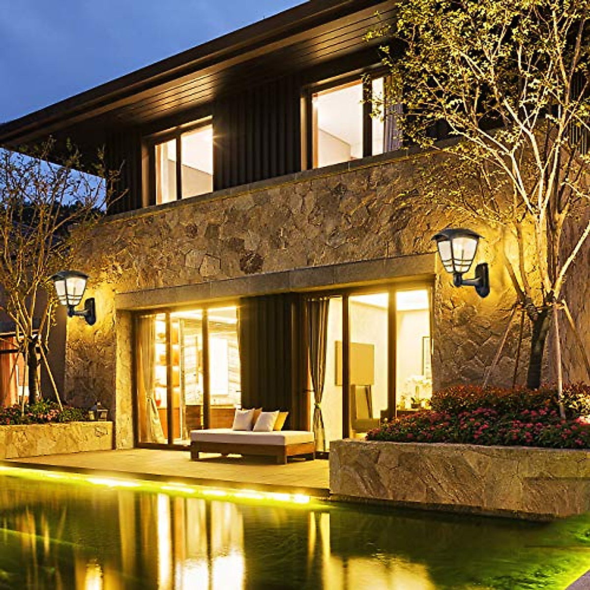 2 Pack Solar Wall Lantern Lights Outdoor Waterproof, Black Sun Powered Wall Light Fixtures, Sturdy Plastic LED Wall Lantern, Clear Warm White Lighting for Yard, Front Porch, Garage and Garden