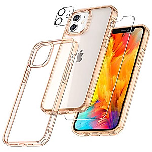 TAURI [5 in 1 for iPhone 12 Case, Non-Yellowing, with 2 Tempered Glass Screen Protectors + 2 Camera Lens Protectors, Shockproof Slim Phone Case iPhone 12, Drop Protection Rose Gold
