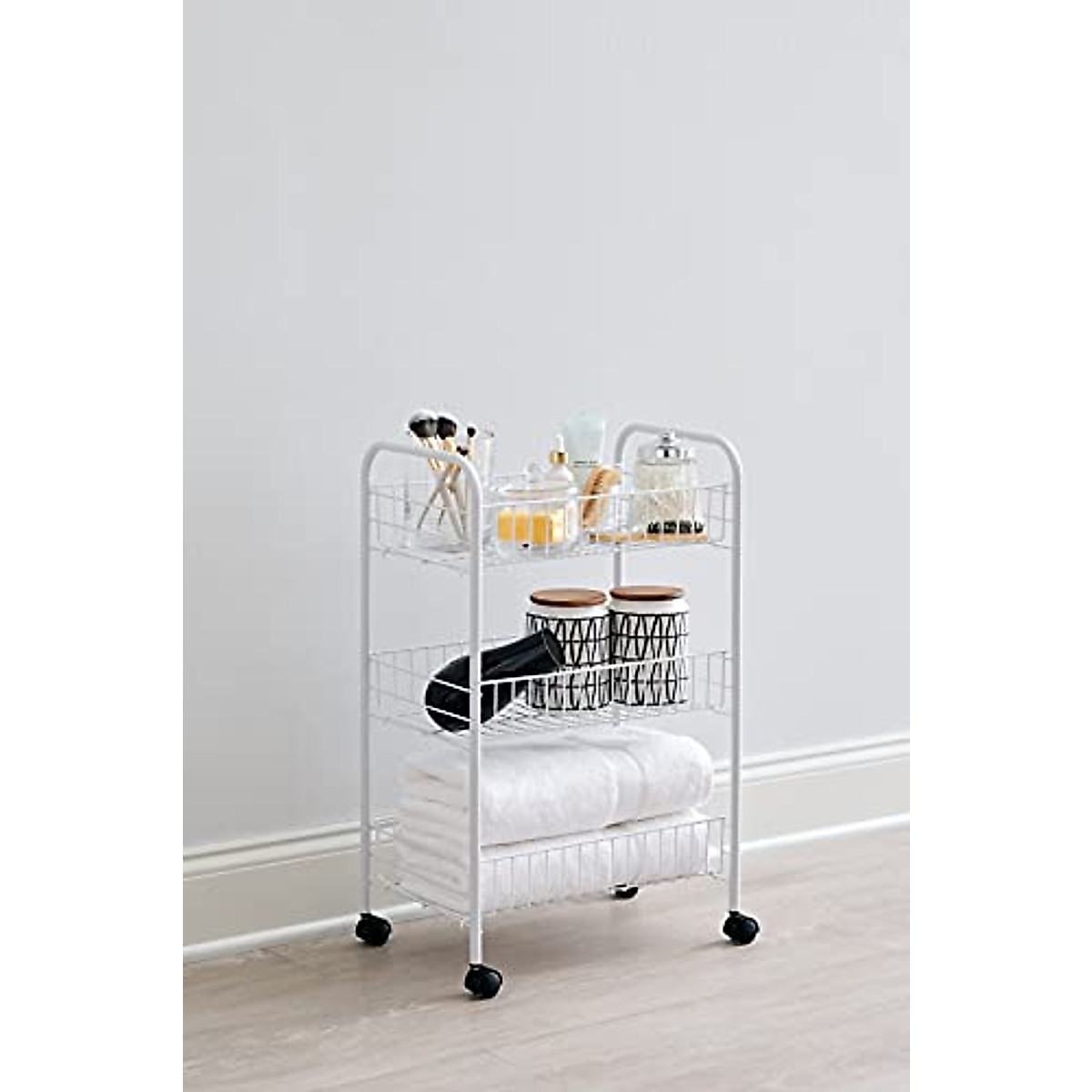Rubbermaid 3-Tier Shelving Wheeled Organizer, Wire Adjustable Metal Storage Cart, for Office/Kitchen/Bedroom/Laundry Home Use