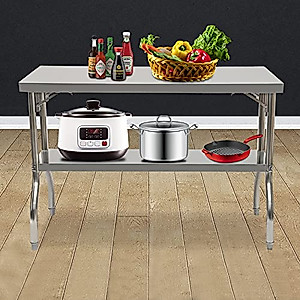 2-Layer Stainless Steel Table Metal Work Table for Kitchen Prep Utility Commercial Worktable Workstation 48 * 24 * 33.5 Inch Folding Commercial Prep Table, Heavy-Duty Stainless Steel Folding Table