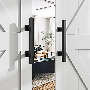 SMARTSTANDARD 2 Pack Barn Door Handles Set, 12" Large Rustic Two-Side Design, Pull and Flush Sliding Door Handle for Gates Garages Sheds Furniture, Black, Square