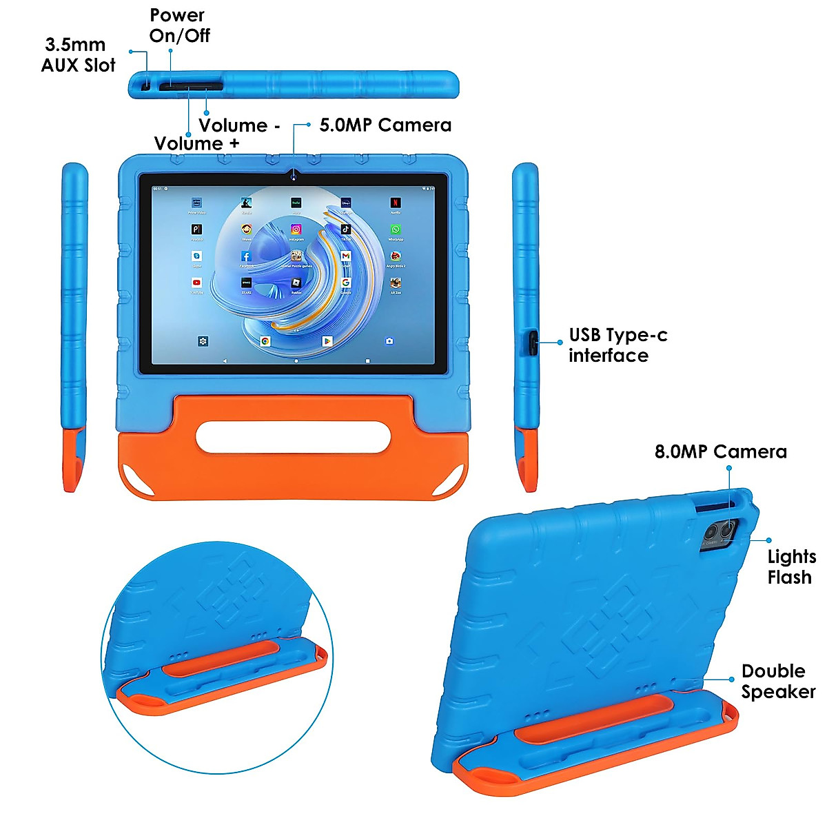 Kids Tablet 10 inch Android 13 Tablets for Kid with Shockproof Case, 12GB+128GB, Octa-Core, 1280 X 800 HD Touchscreen, IWAWA Pre-Installed Parental Control, 2.4G/5G WiFi, 6000mAh, Bluetooth-Blue