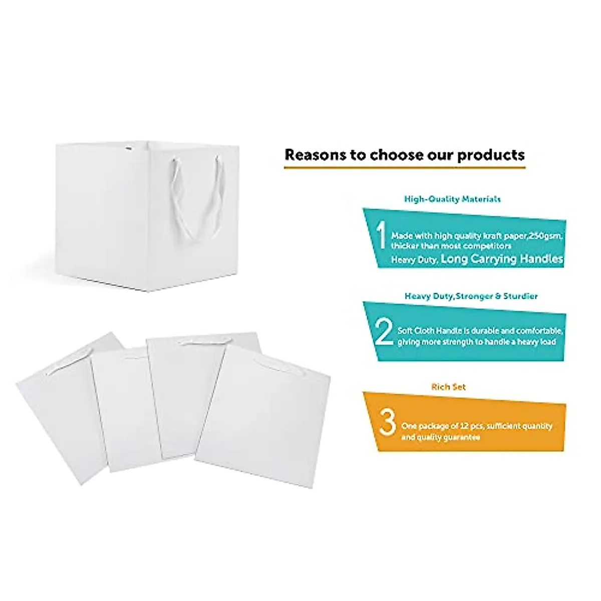 HUAPRINT Large White Paper Square Bags with Handles,12 Pack 12x12x12inch,Large Square Gift Bags,Shopping Merchandise Bags,Birthday,Goodie,Craft Retail,Candy,Cookie,Take Out Bags