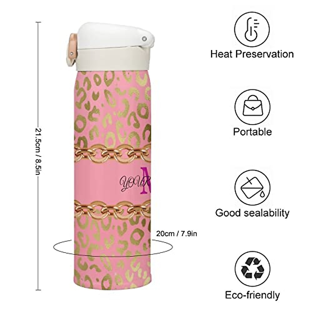 Custom Pink Gold Leopard Water Bottle Personalized Name Text Stainless Steel Sport Water Bottle Customized Double Wall Vacuum Insulated Cup Gift for Kids Women Men