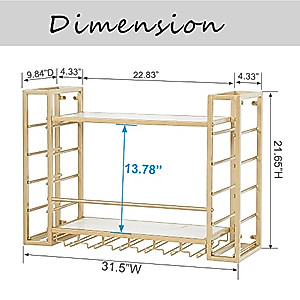 GOLASON Wall Mounted Wine Rack with Glass Holder, Metal Bottle Holder Wine Storage Display Shelf for Home Bar Dining Room Kitchen (31.5 Inch, Faux Marble)