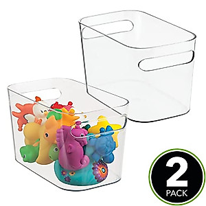 mDesign Plastic Toy Box Storage Organizer Tote Bin with Handles for Child/Kids Bedroom, Toy Room, Playroom - Holds Action Figures, Crayons, Building Blocks, Puzzles, Crafts - 10" Long, 2 Pack - Clear