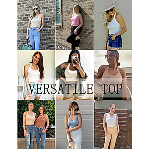 Ekouaer Women Halter Top Backless Scroop Neck Slim Stretchy Ribbed Knit Camisole Crop Tops(Navy,XXL)