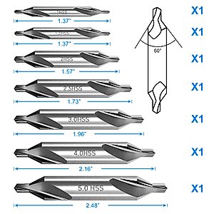 7 Pieces Center Drill Bits Set, M2 High Speed Steel 60-Degree Angle Center Drill Bits Kit Countersink Tools for Lathe Metalworking Size 1.0 1.5 2.0 2.5 3.0 4.0 5.0