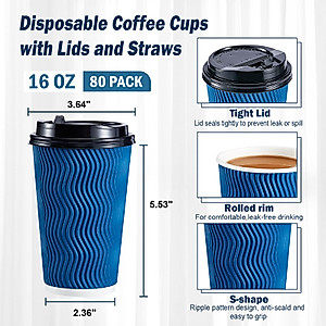 SIUQ 80 Pack 16 oz Disposable Coffee Cups with Lids and Straws, Insulated Ripple Wall To Go Paper Coffee Cups for Coffee, Hot Chocolate and Hot Tea Drinks - Navy