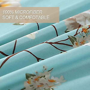 Nanko Queen Fitted Bed Sheet 80x60 Deep Pocket Mattress Teal Floral Farmhouse Best Luxury Cool Soft Lightweight Microfiber Bedding Set 2 Pillowcases 10 11 12 14 inch Green White Flower