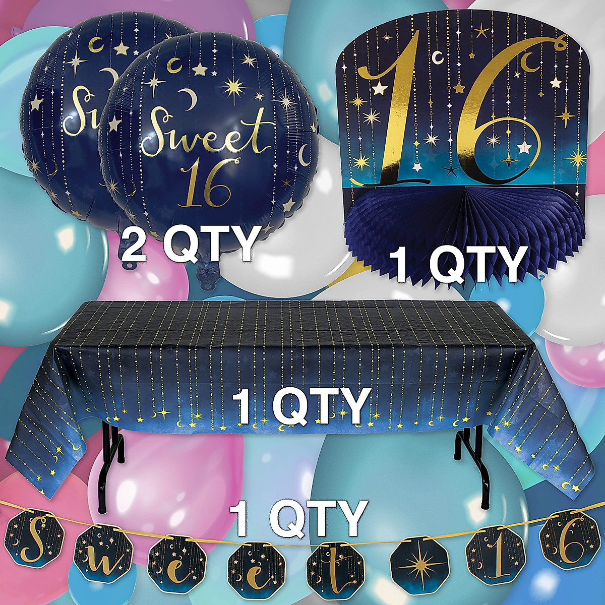 Havercamp Sweet 16 Birthday Party Decoration Collection; Stars, Moons and Gold “Bling” over an Ombre’ Night Background.