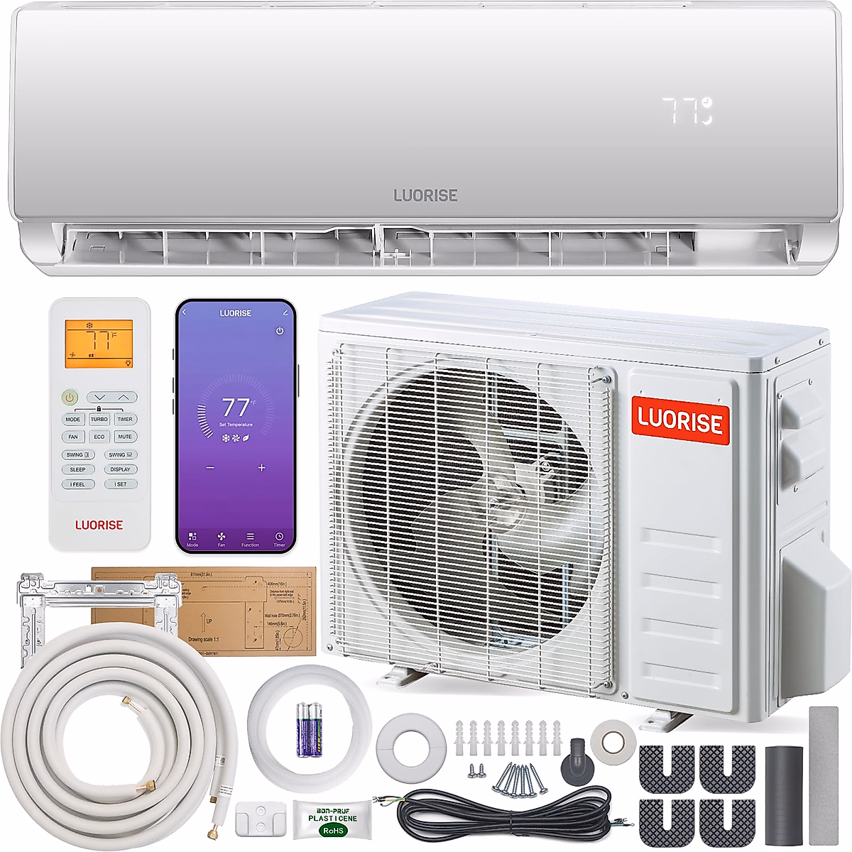 LUORISE 12000 BTU WiFi Mini Split AC/Heating System, Ductless Air Conditioner, 19 SEER2 Energy Efficient Inverter AC, Cools Up to 550 Sq.Ft, Pre-Charged Heat Pump & 16.4ft Installation Kits, 115V
