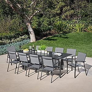 Hanover 11-Piece 40" x 94" Cameron Modern Outdoor Dining Set, 10 Stackable Sling Chairs, 40'' x 94'' Expandable Table, Durable, Weather Protected Aluminum Frame, Gray