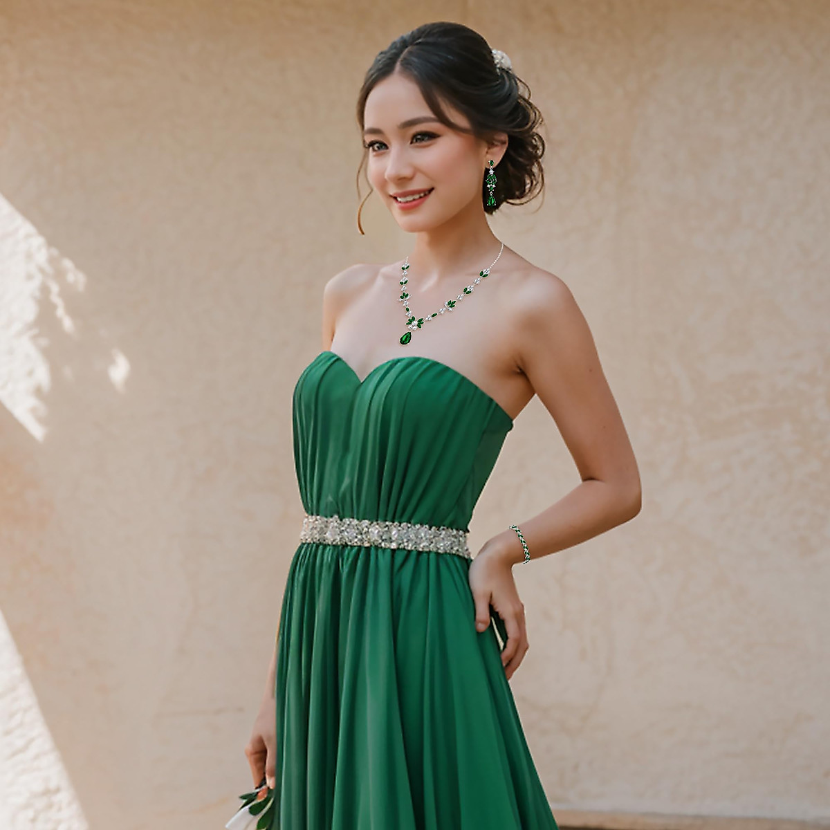 BriLove Wedding Jewelry Set for Women, Y-Necklace Tennis Bracelet Dangle Earrings Set with AAA Cubic Zirconia Teardrop Set for Bridal Bridesmaid Emerald Color