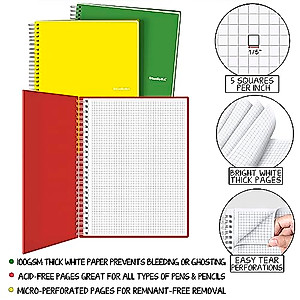 Studio O. A. Spiral Notebooks, 3 Pack, 5 x 5 Graph Ruled (5 Squares/Inch) Paper, 8.5 x 11, 80 Sheets of 100g/㎡ Thick Paper, Durable PP Cover, with Tabbed Stickers and Back Pocket, Journals for School, Office, Business, Professional