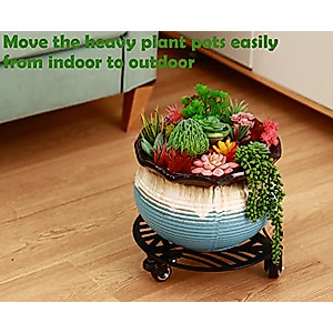 Large Metal Plant Caddy with Wheels 14 Inches Heavy-Duty Wroght Iron Rolling Plant Stand with Casters Indoor Outdoor Plant Pot Roller Base Plant Movers Plant Saucers Black, Strong Load Capacity