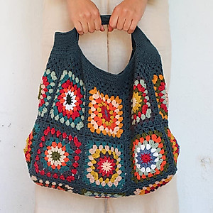Navy Granny Square Bag Hippie Classic Handmade Crochet Vintage Shoulder Tote Bags For Winter Navy