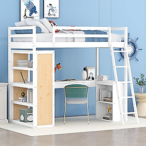 Bellemave Twin Loft Bed with Desk and 6 Storage Shelves, Wood Loft Beds Frame with Bookcase and Writing Board, Modern High Loft Bed for Kids Boys Girls Teens, Twin Size, White