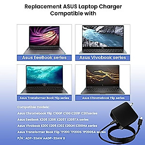 ​33W Laptop Charger Replacement for Asus Chromebook C201P C201 C201PA C100PA C100P C100 Eeebook X205T X205 X205TA Vivobook E200H E200HA AD890526 ADP-33AW B Small Square Tip Power Supply Cord