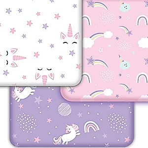 GROW WILD Crib Sheets Girl 3 Pack | Soft & Stretchy Jersey Cotton Fitted Crib Sheet Unicorn, White Pink Purple Baby Crib Sheets for Girl, Crib Mattress Sheet or Toddler Bed Sheets, Unicorn baby sheets