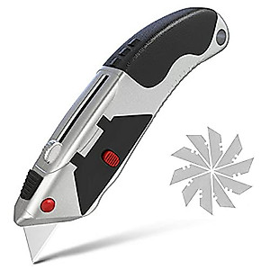 Deli Tools Utility Knife, Blade Storage In Handle With 9 Extra Blades Auto-Load Box Cutter Heavy Duty Knife For Wood Feather Paper, Retractable 3 Position (Total 10 Blades)