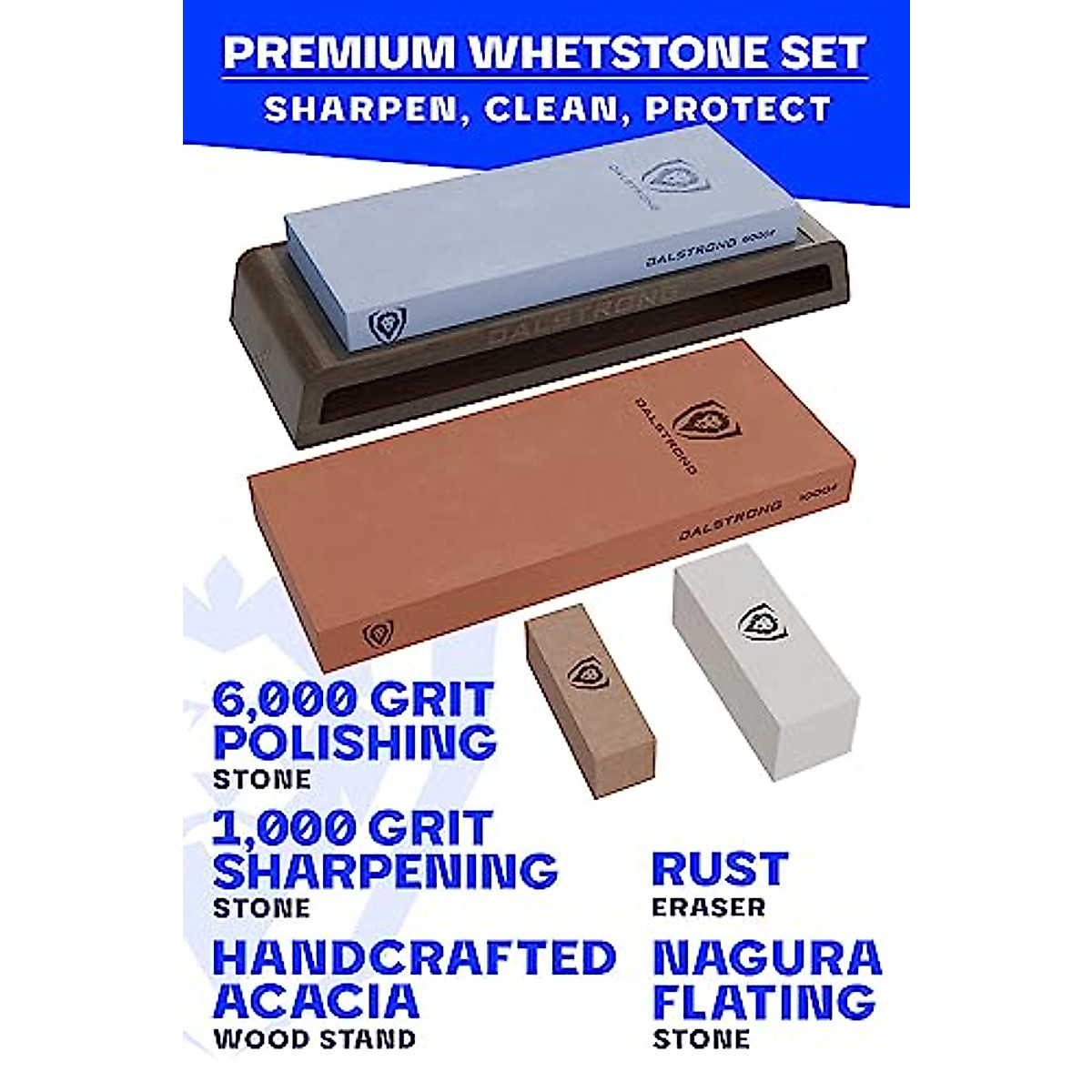 Dalstrong Premium Whetstone Kit - #1000/#6000 Knife Sharpening Kit - Extra Large Grit Stones - Top-Grade Corundum - Thick Knife Sharpening Stone - Hand Crafted Acacia Wood - Whetstone Knife Sharpener