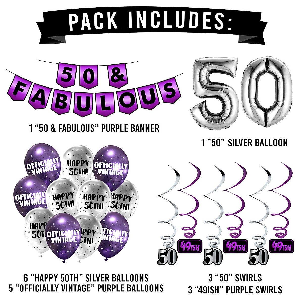 50 & Fabulous Birthday Party Pack - Purple & Silver Happy Birthday Bunting, Balloon, and Swirls Pack- Birthday Decorations - 50th Birthday Party Supplies