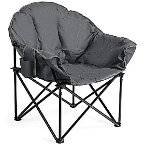 S AFSTAR Oversized Camping Chair, Cushion Padded Moon Round Saucer Chair w/Cup Holder & Carry Bag, Outdoor Leisure Chair, Portable Folding Camp Chair for Camping Fishing, Supports 300lbs (1, Grey)