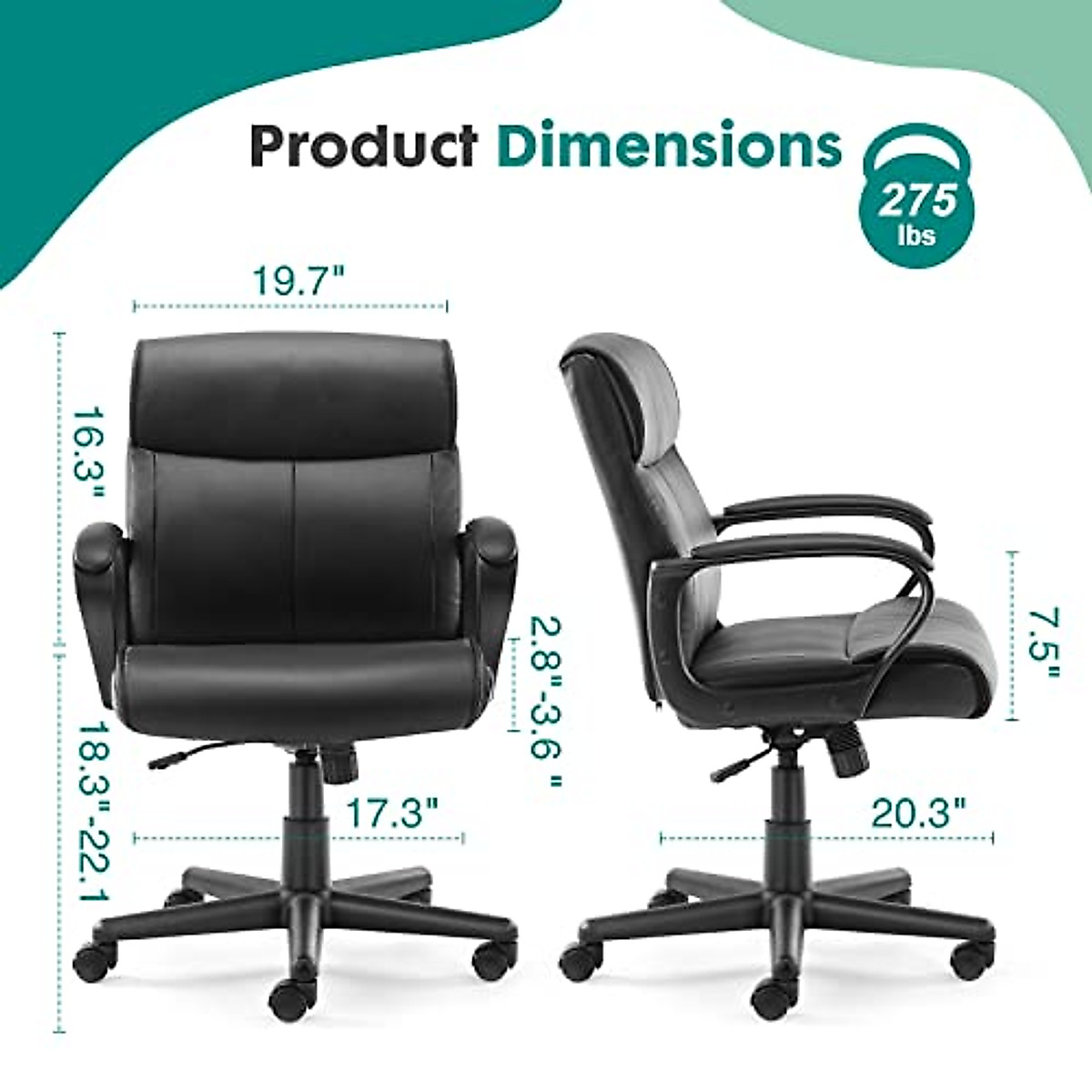 Executive Office Chair - Ergonomic Mid-Back Home Computer Desk Chair with Lumbar Support, PU Leather, Adjustable Height & Swivel