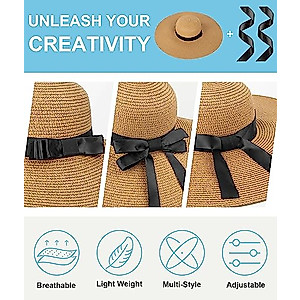 Beach Hats for Women, Wide Brim Sun Straw Hat Foldable Summer Floppy Hat UV Protection Cap, A-Khaki