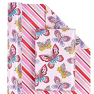 WRAPAHOLIC Reversible Wrapping Paper - Mini Roll - 17 Inch X 33 Feet - Butterfly Design, Perfect for Birthday, Party, Holiday, Wedding, Baby Shower