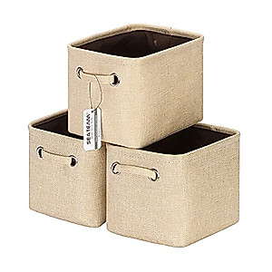 Sea Team 3-Pack Collapsible Small Canvas Fabric Storage Basket with Handles, Square Storage Box, Cube, Foldable Shelf Basket, Closet, Desk Organizer for Nursery, Home, Office, Solid Color, Beige
