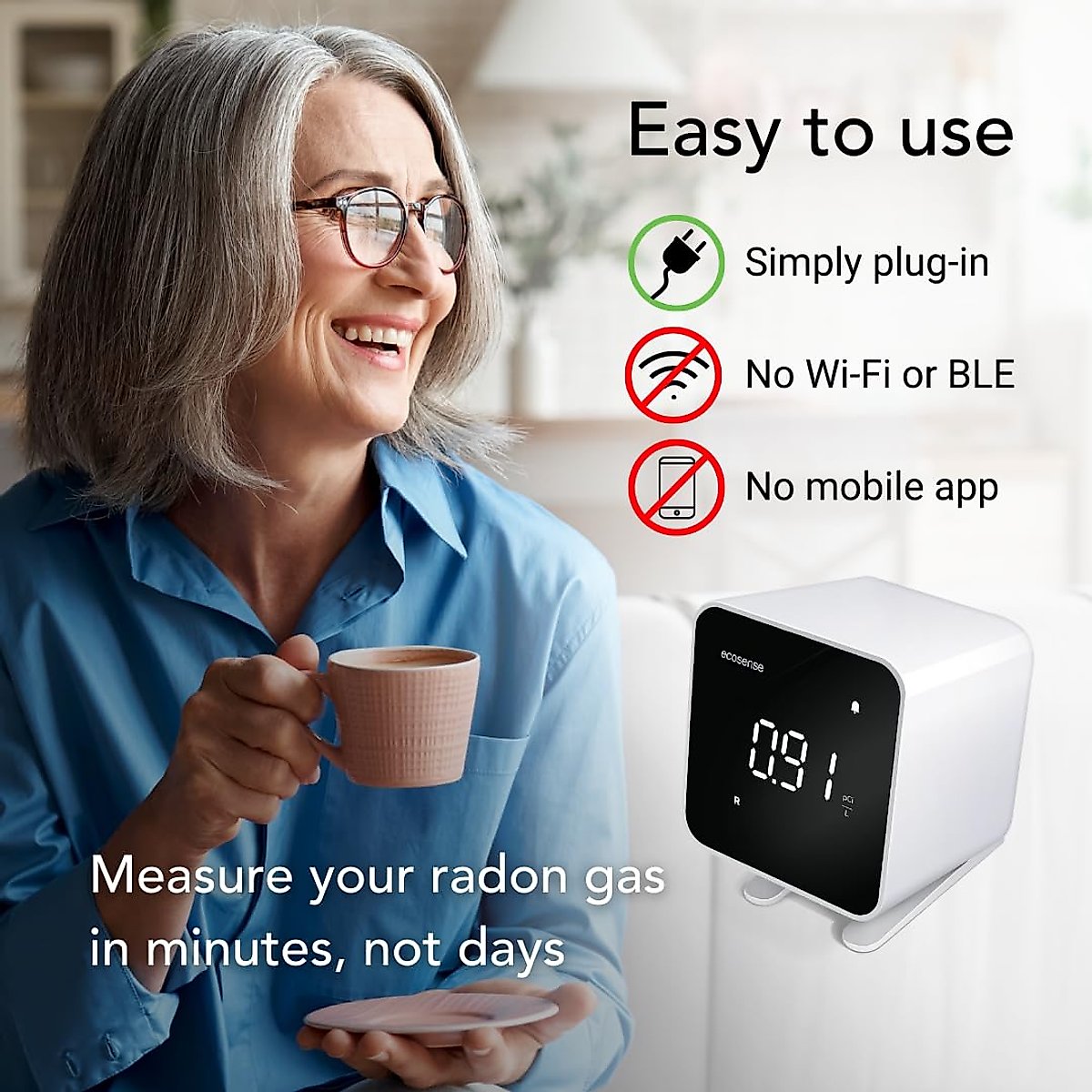 Ecosense EB100 EcoBlu, Home Radon Detector, Capture & Display Results Every 10 Minutes, Short & Long-Term Continuous Monitoring, Easy to Use