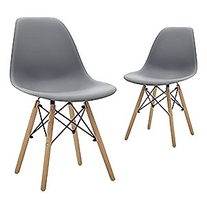 CangLong Modern Mid-Century Shell Lounge Plastic DSW Natural Wooden Legs for Kitchen, Dining, Bedroom, Living Room Side Chairs, Set of 2, Grey