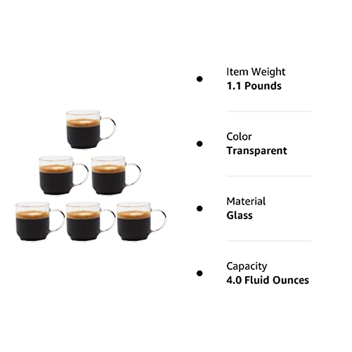 zenco living Espresso Cups (4 Ounce) with Large Handle, Set of 6 - Glass Coffee Cups for Nespresso Lungo, Double Espresso, Cortado