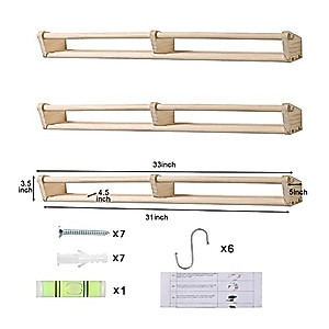 Nursery Bookshelves, 33inch,Set of 3,Floating Nursery Shelves with 6 S Hooks, Wooden Floating Shelves for Baby Nursery Room Decor, Kitchen Spice Rack, Bathroom Pine