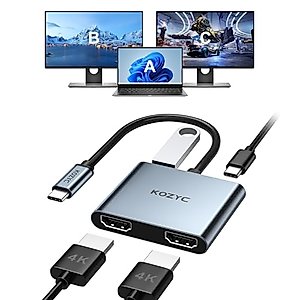 USB C to Dual HDMI Adapter 4K@30Hz, KOZYC USB C Hub Multiport Adapter with 2xHDMI, USB 3.0, 100W PD, Support USB C to HDMI Splitter Extended Display for MacBook Pro (MST is not Supported on MacOS)