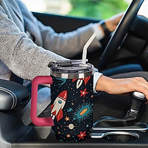 Cartoon Rockets 40 Oz Car Cup Stainless Steel Travel Mug Leak-Proof Insulated Tumbler with Handle Light Rose Red-style