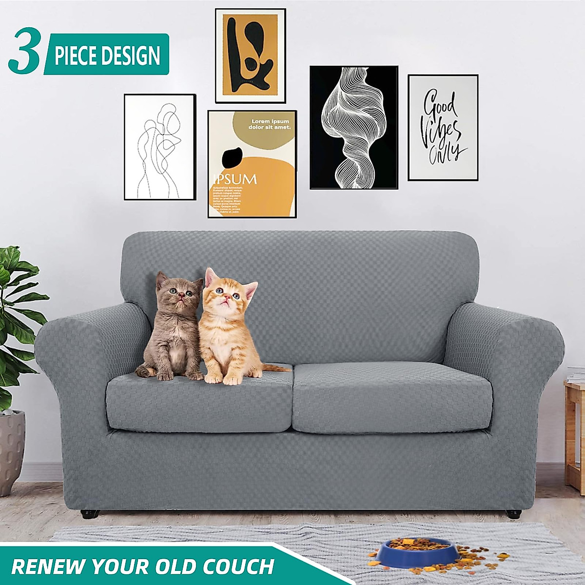 YEMYHOM Latest Checkered 3 Pieces Couch Covers for 2 Cushion Couch High Stretch Thickened Love Seat Sofa Cover for Dogs Pets Elastic Loveseat Slipcover Protector (Light Gray), 55"-69"(2 Cushions)