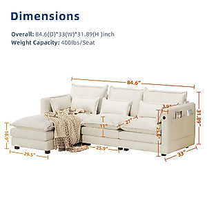 DYHOME L Shaped Couch Sectional Sofa Comfy Cloud Couch for Living Room, Deep Seat Modular Sectional Sofa with Padded Armrests, Pillows, and Charging Station, Modern Chenille, 3 Seat Cream White
