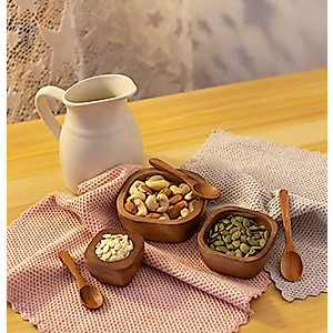 Tiny Acacia Wood Nesting Square Set 3 Serving Bowl 3¾”, 2¾”, 2⅛” Small 3 Wooden Spoon Mix size Stackable little Dish for Prep Salt Pepper Mustard Wasabi Dip sauce Salsa Nut Tableware Wooden Nest Bowl