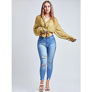 YMI Junior Womens Wannabettabutt Mid-Rise Recycled Fibers Distressed Ankle Denim Jeans (RIPS+Whiskers M1914, 11)