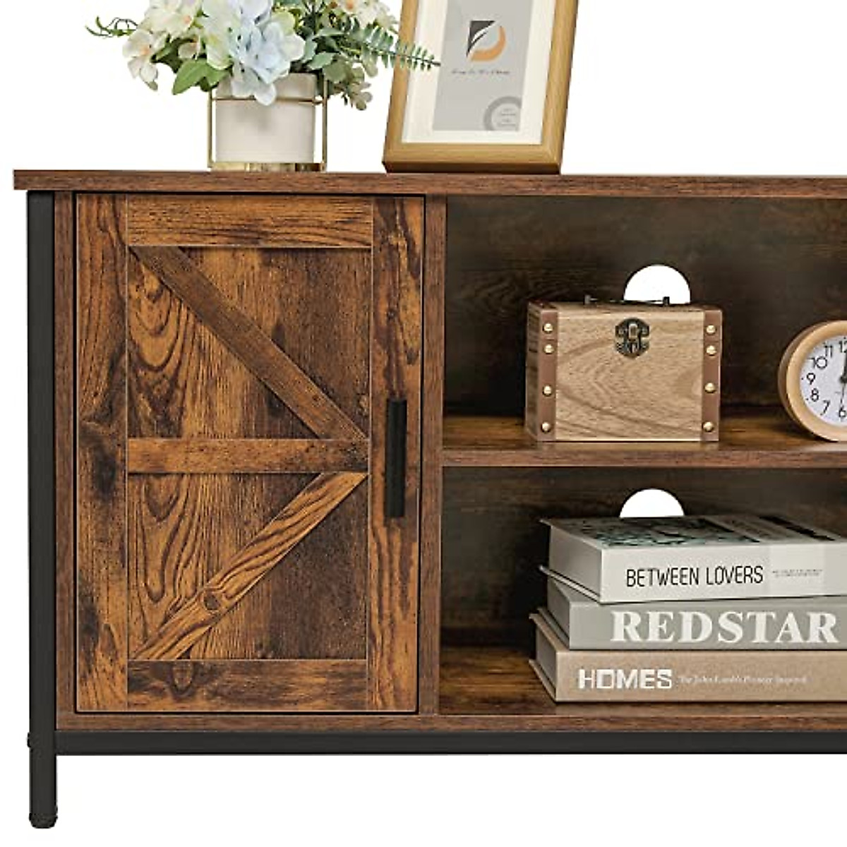 WEENFON Farmhouse TV Stand for 55 Inch TV, TV Console with Storage Barn Doors,Entertainment Center for Living Room, Bedroom, TV Stand with Stable Metal Frame,Rustic Brown