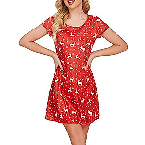 Ekouaer Womens Nightgown Sleep Shirt Dress Satin Patchwork Short Sleeve Sleepwear with Pocket Red Christmas XL