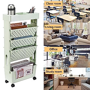 5 Tier Book Rack Storage Bookshelf, Movable Bookshelf Multilayer Capacity Rotatable Removable Plastic Practical Rolling Organization Shelf with Wheel, Bookshelves for Kids Students Study (Green)