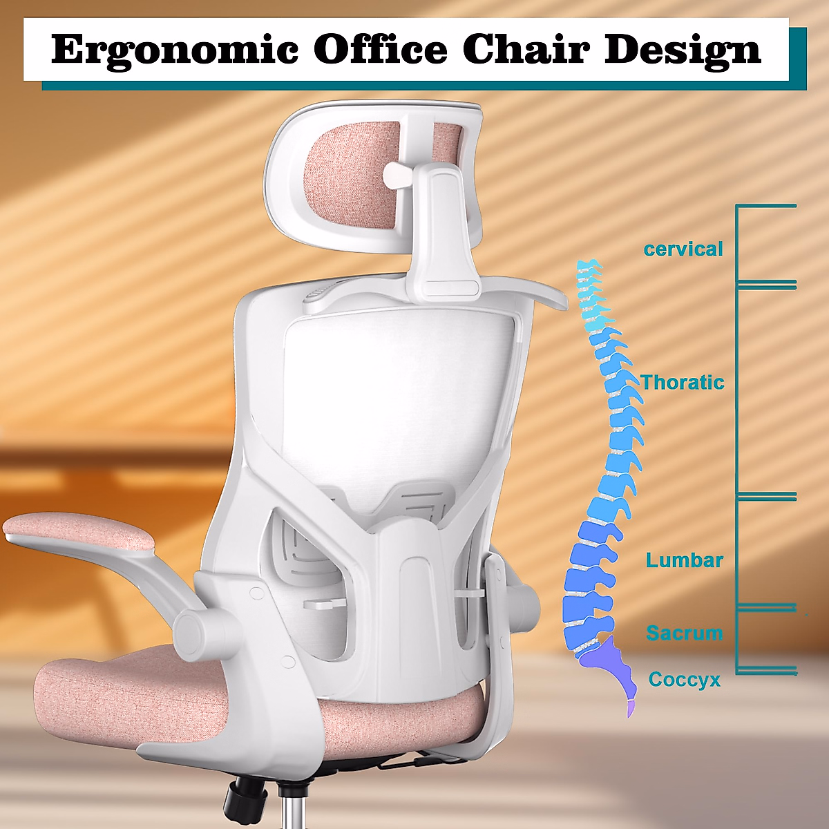 Ergonomic Office Chair, High Back Mesh Desk Chair with Molded Foam Cushion, Adjustable Headrest, Lumbar Support, Lock Function (Petal Pink)