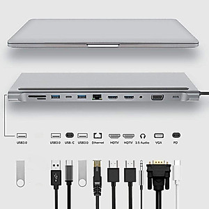 12-in-1 Type-c hub Docking Station with rj45 LAN 4k hdmi USB 3.0 3.5mm Audio Port pd Charge