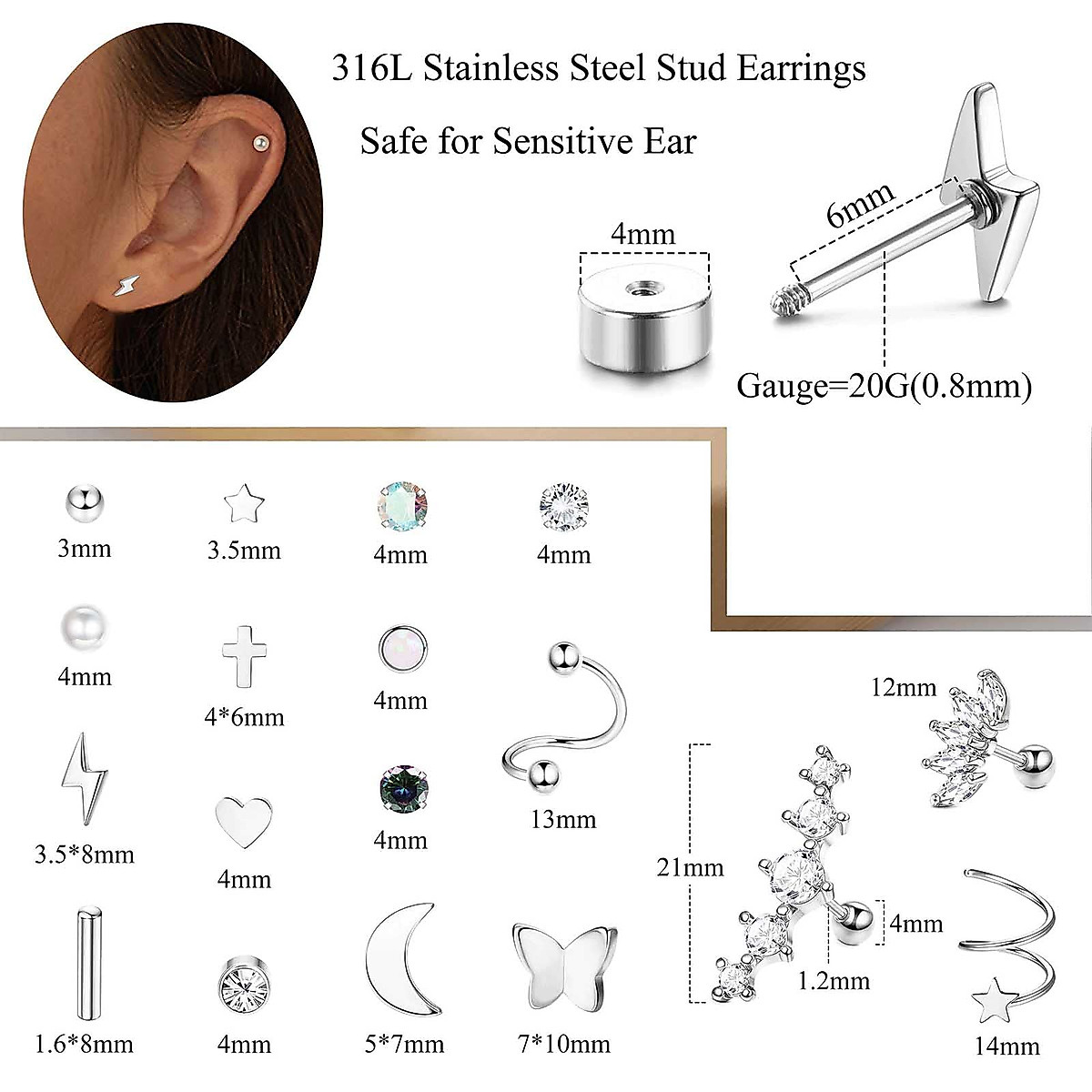 Jstyle 20G Stainless Steel Stud Earrings for Women Men Star Moon Heart CZ Flat Back Earrings Set Cartilage Earrings Hoop Small Flatback Earrings Stud Tragus Helix Daith Piercing Jewelry Silver Tone