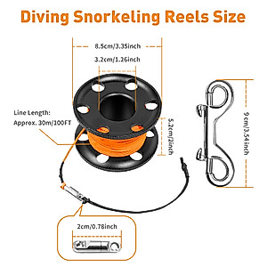 100FT Scuba Diving Reel, Aluminum Alloy Large Scuba Spool Finger Reel with Double-Ended Bolt Snap Clip for Underwater Scuba Diving Snorkeling Spearfishing (Orange Line Black Reel)