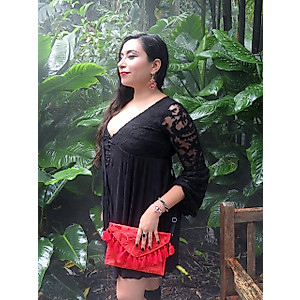 Floral Embroidered Pom Tassel Fringe Slim Envelope Clutch Purse Crossbody Strap Bag - Women Fashion Handmade Boho Accessories (Red)